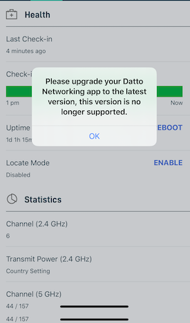 Datto Networking App: The app prompts for upgrade upon login